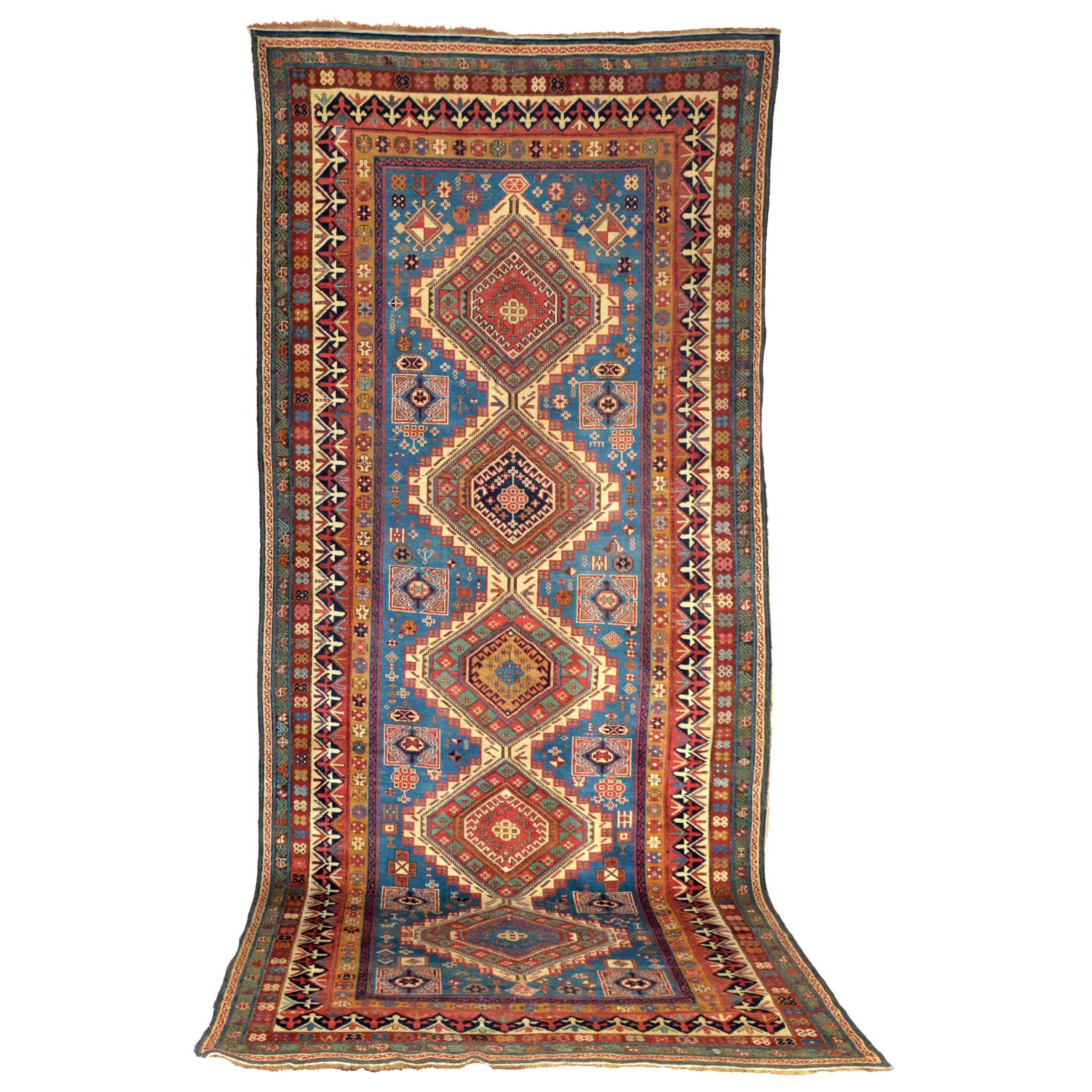 Antique Caucasian Shirvan Long Rug, Light Blue Field, Circa 1885